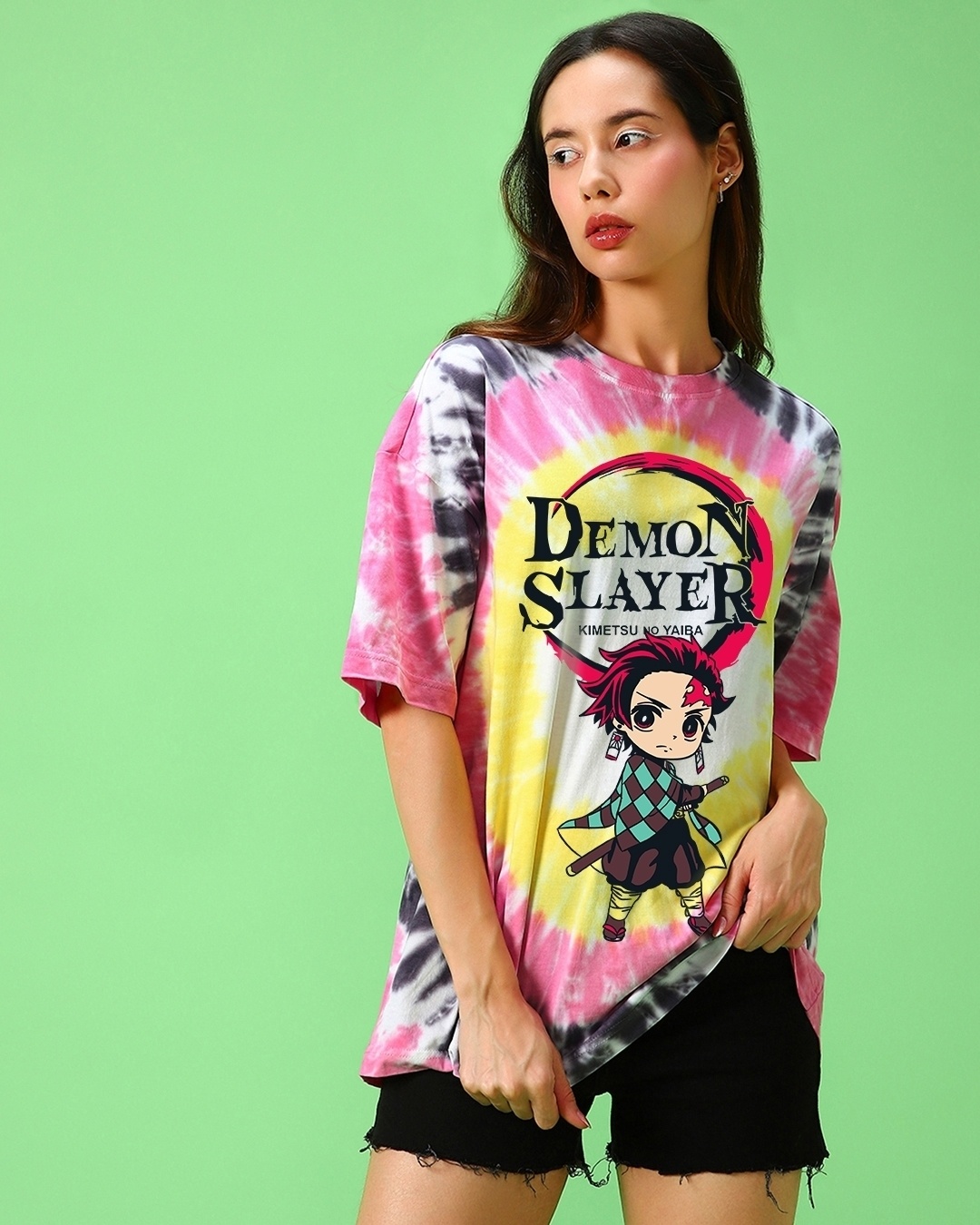 Buy Women's Yellow & Pink Kawaii Tanjiro Graphic Printed Oversized T ...