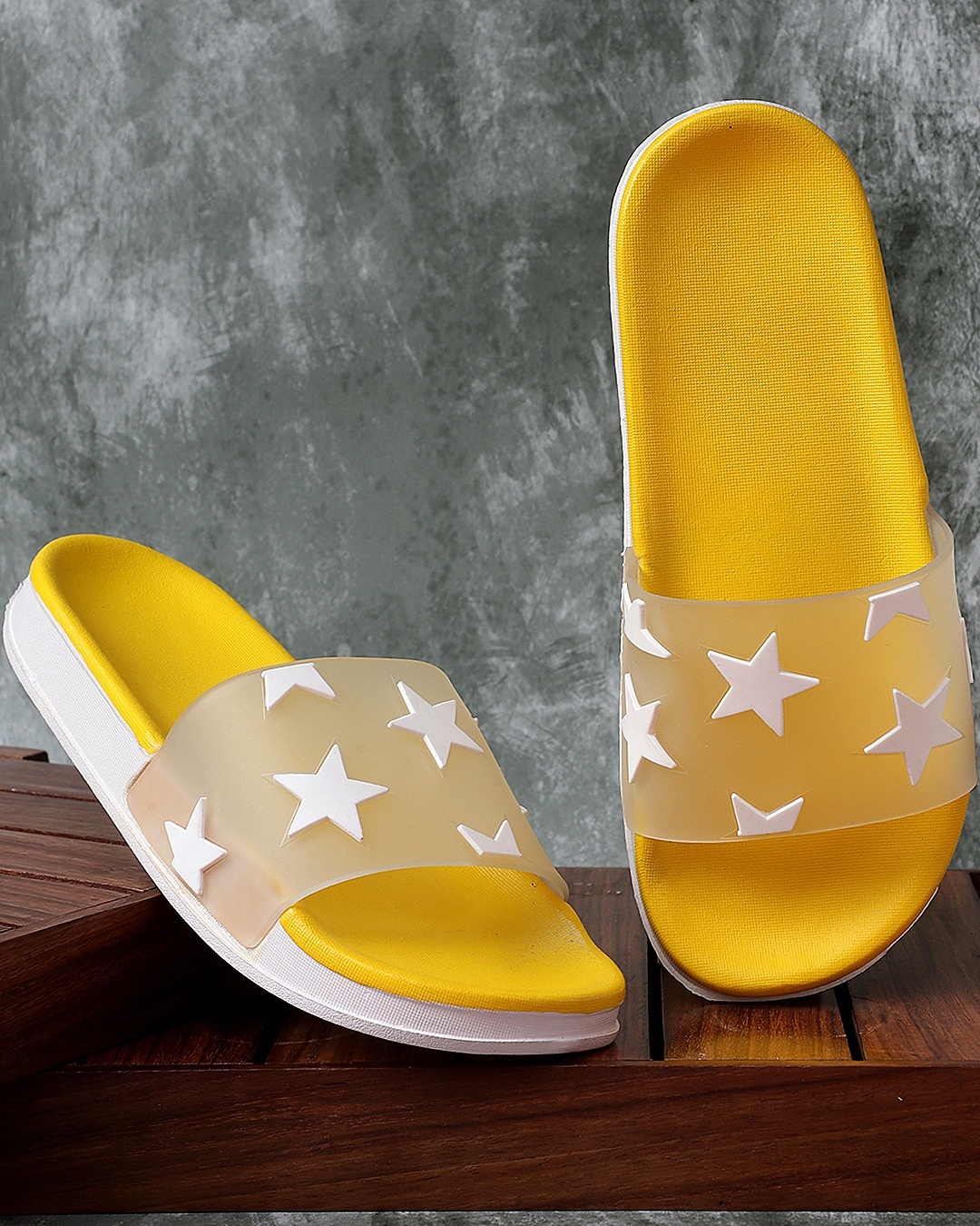 Buy Women's Yellow Stars Printed Sliders Online in India at Bewakoof