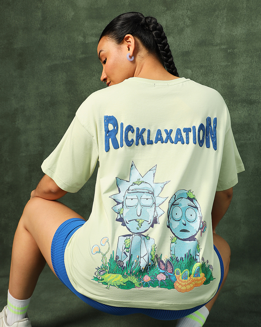 Buy Women's Green Stoned Rick & Morty Graphic Printed Oversized T-shirt ...