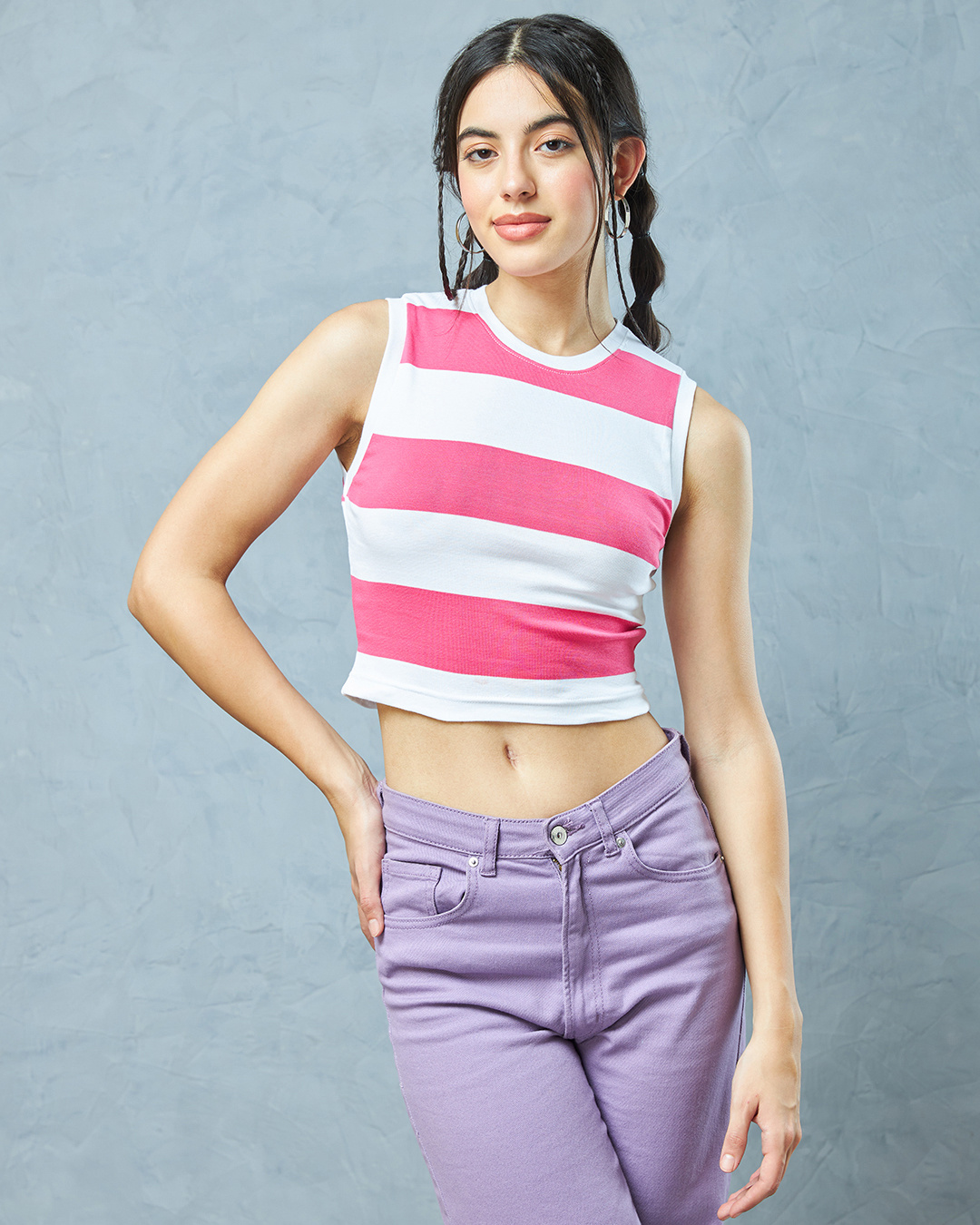 Buy Women's White & Pink Striped Slim Fit Short Top Online at Bewakoof