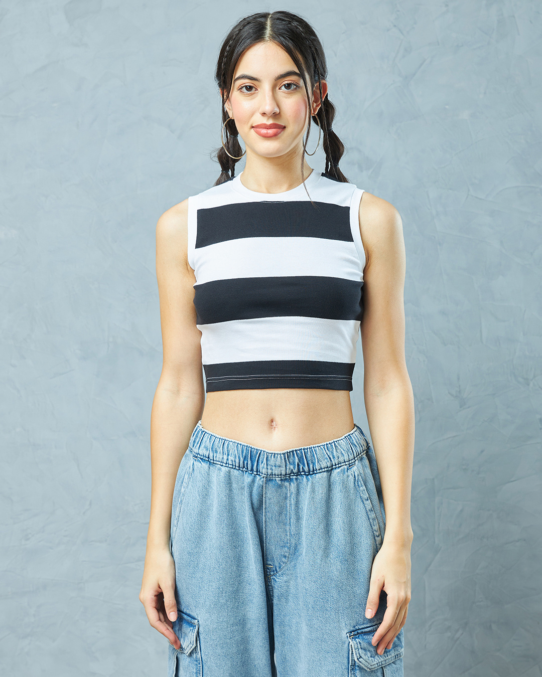 Buy Women's White & Black Striped Slim Fit Short Top Online at Bewakoof