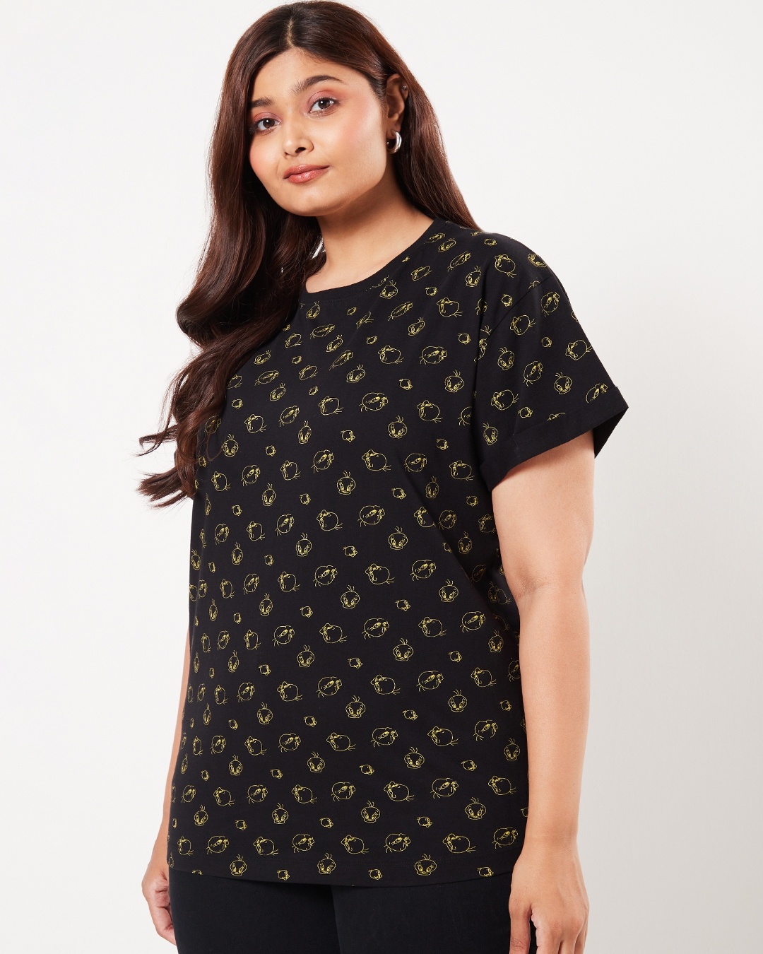 Buy Women's Black All Over Printed Plus Size Boyfriend T-shirt for ...
