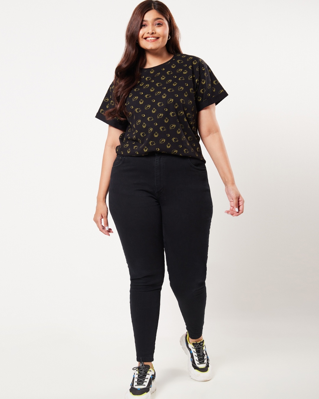 Buy Women's Black All Over Printed Plus Size Boyfriend T-shirt for ...