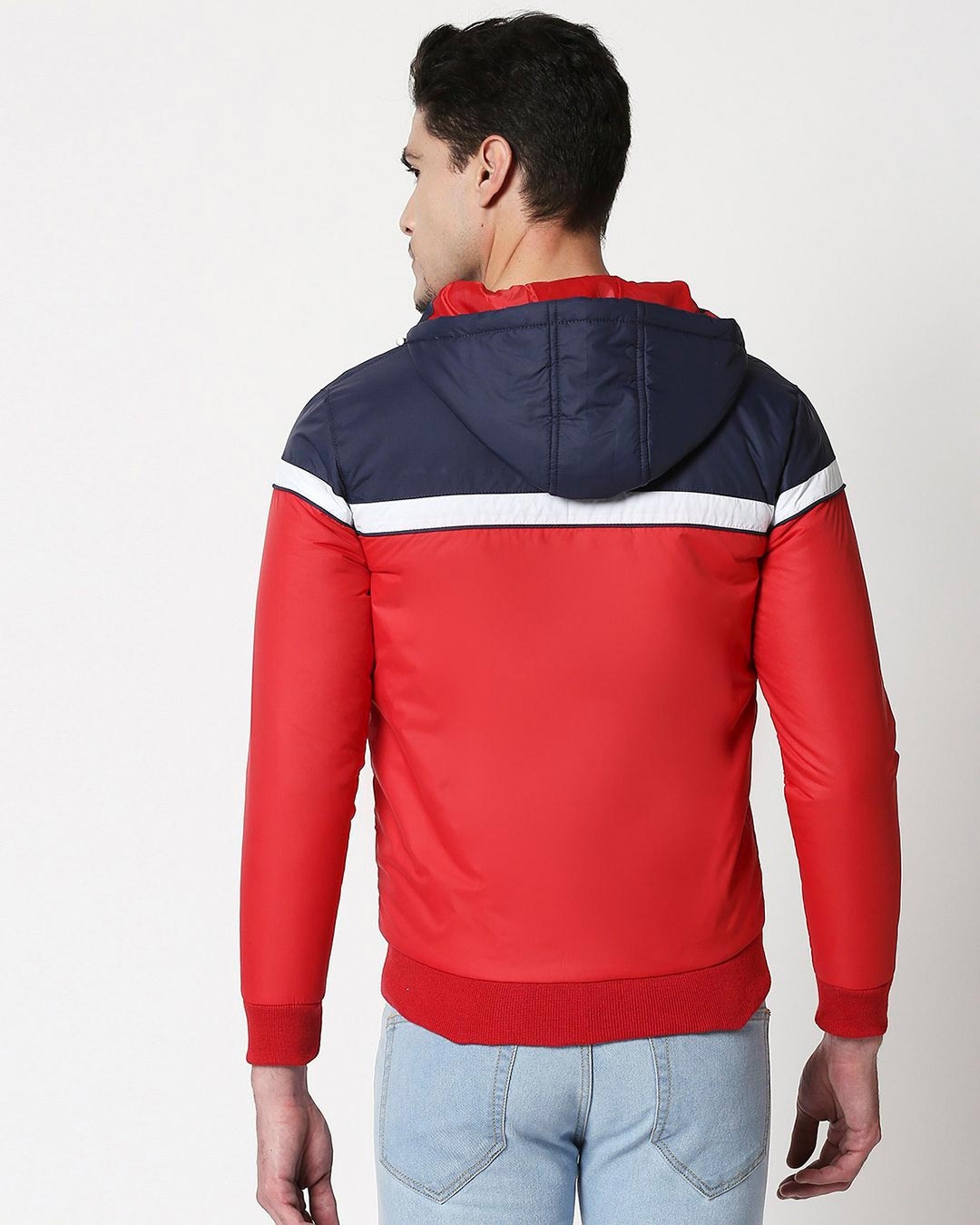 Buy Men's Blue & Red Color Block Puffer Jacket Online at Bewakoof
