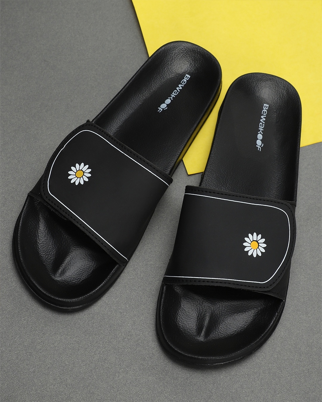 Buy Women's Black Ditsy Daisy Adjustable Velcro Sliders Online in India ...