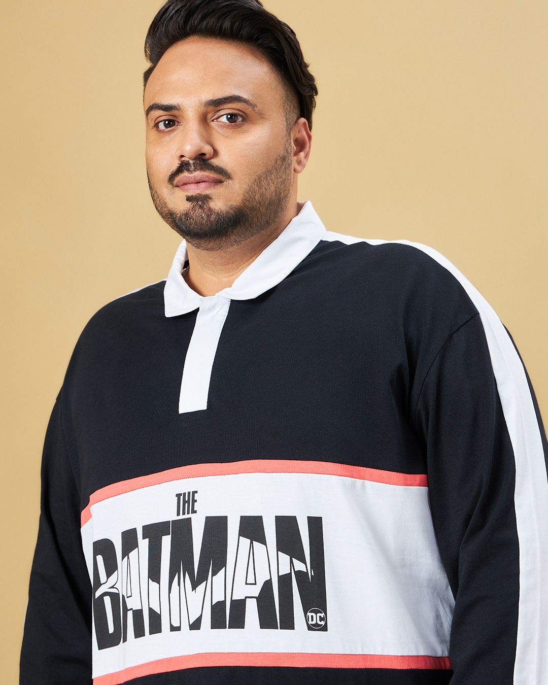 Buy Men's Black & White Batman Typography Oversized Plus Size Polo T-shirt Online at Bewakoof