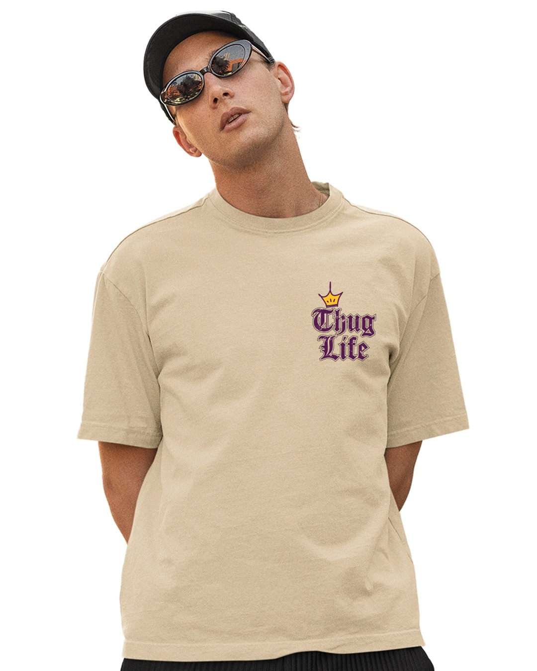 Buy Men's Beige Thug Life Graphic Printed Oversized T-shirt Online at ...