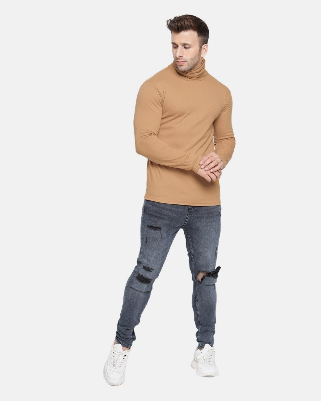 Buy Men's Beige Turtle Neck T-shirt for Men Beige Online at Bewakoof