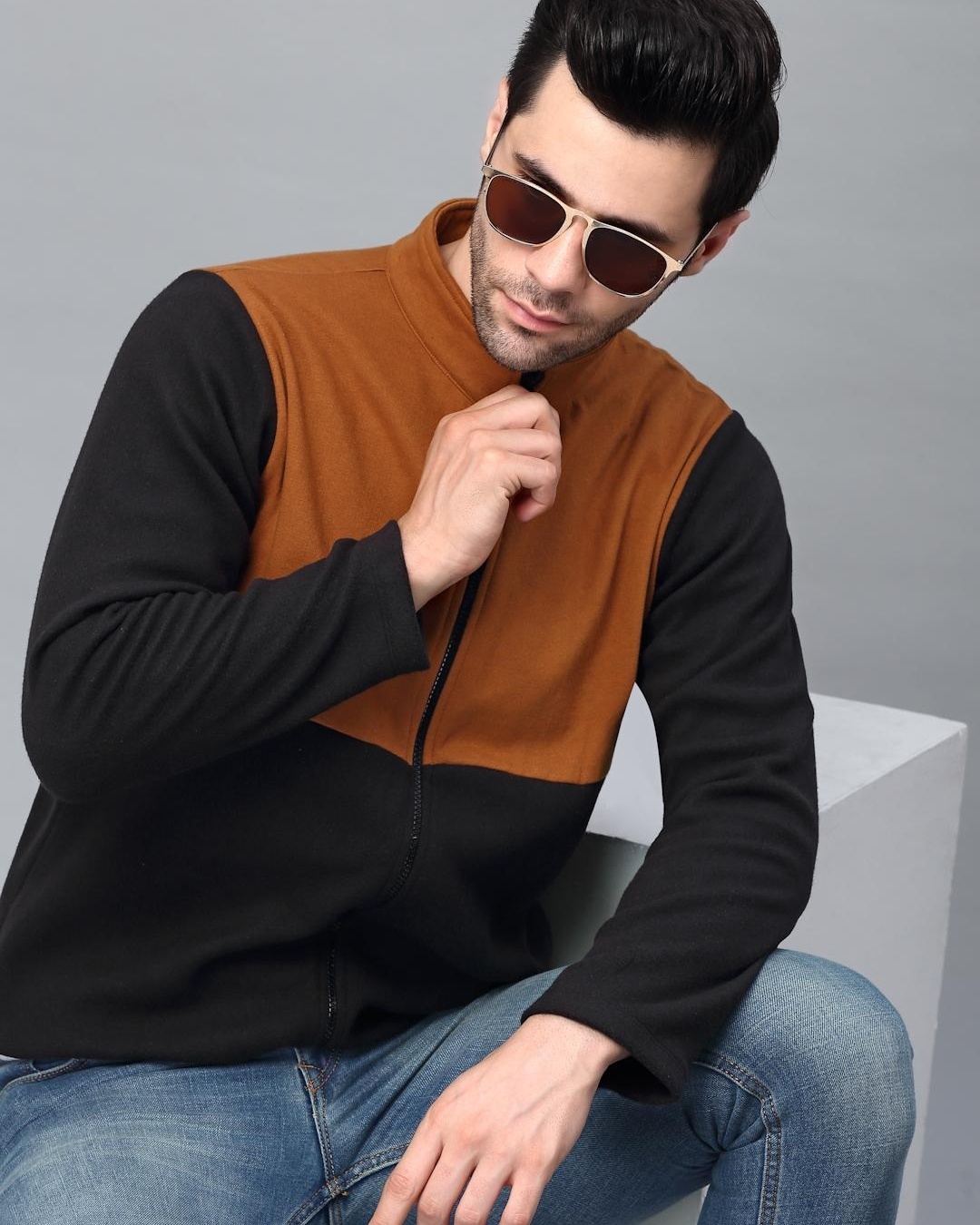 Buy Men's Black and Brown Color Block Slim Fit Jacket for Men Black ...