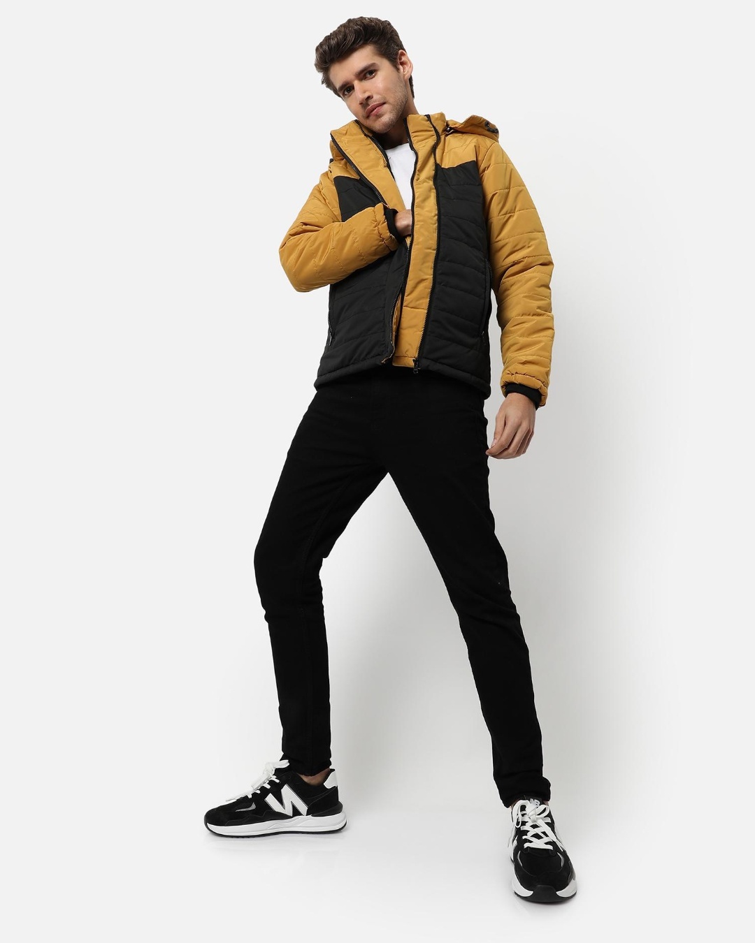 Buy Men's Black and Yellow Color Block Hooded Jacket for Men Black ...