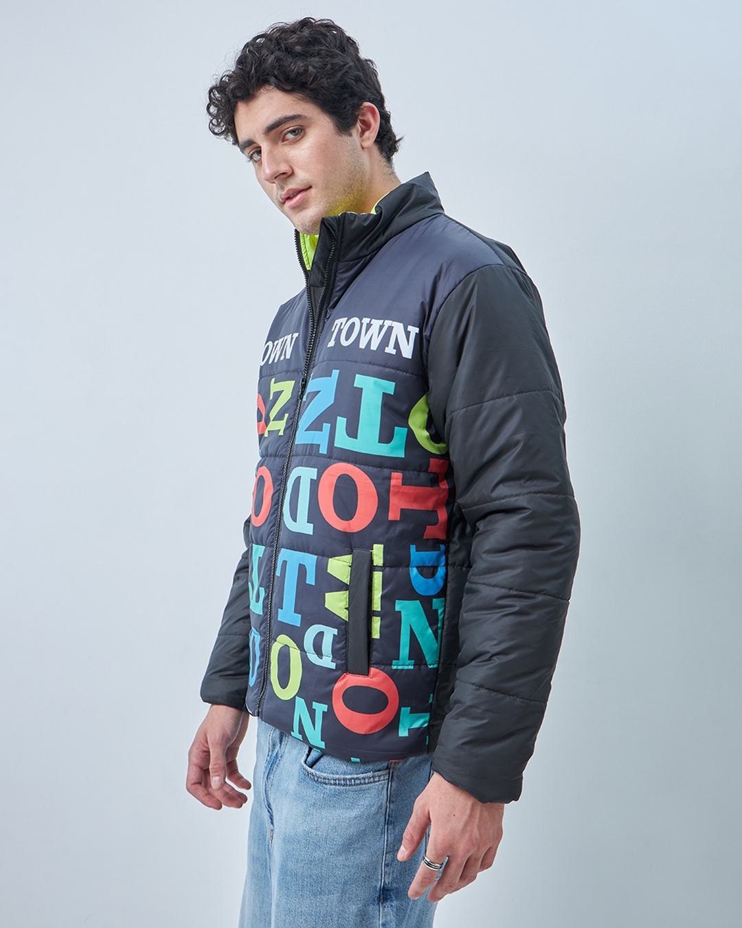 Buy Men's Black & Blue Bate Typography Oversized Puffer Jacket Online ...