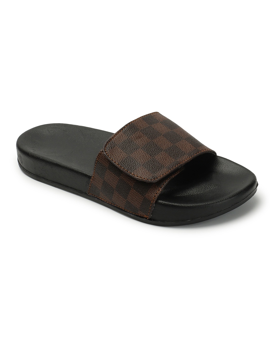 Buy Men's Black & Brown Checked Velcro Sliders Online in India at Bewakoof