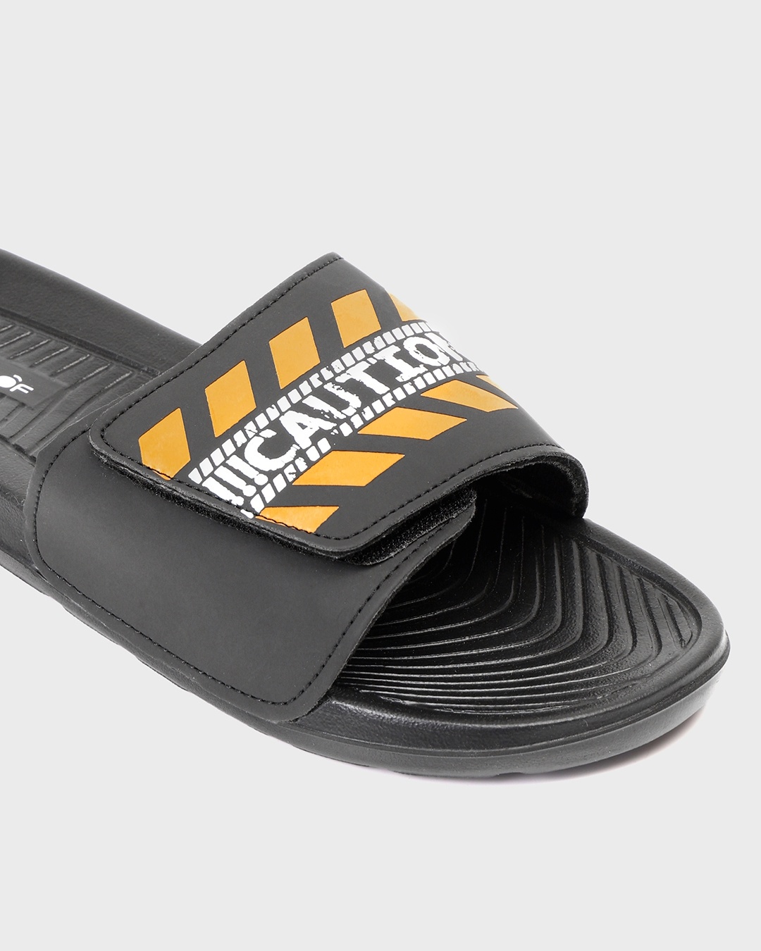 Buy Men's Black Caution Printed Velcro Sliders Online in India at Bewakoof