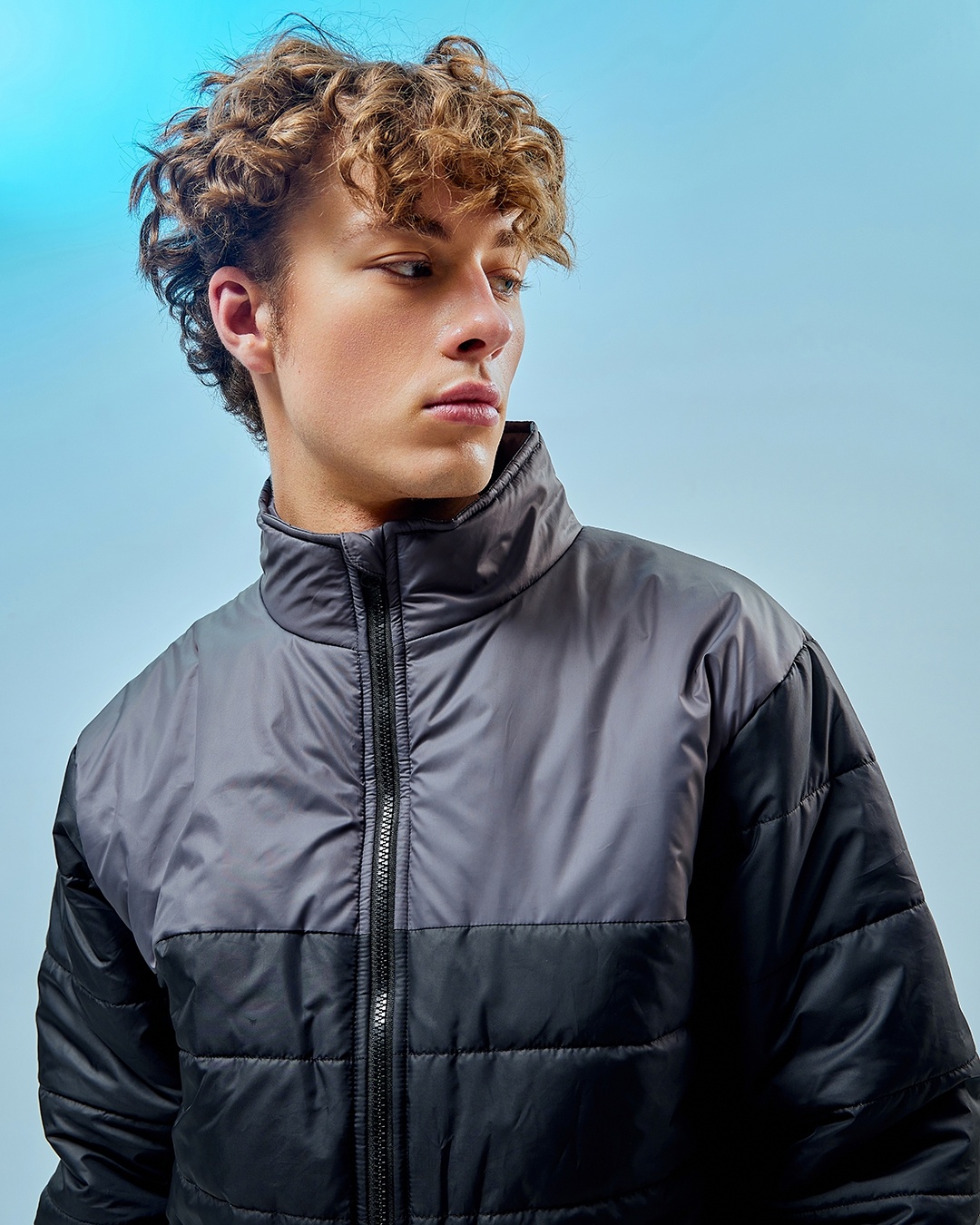 Buy Men's Black & Grey Color Block Oversized Puffer Jacket Online at ...