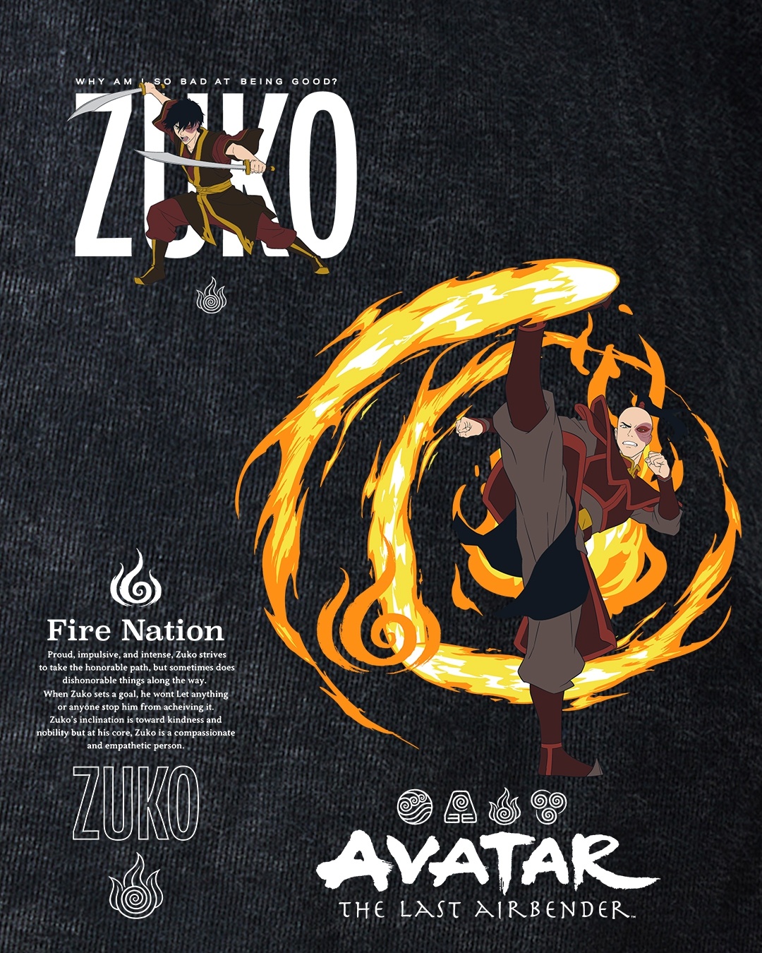 Buy Men's Black Firebending Zuko Graphic Printed Oversized Acid Wash T ...