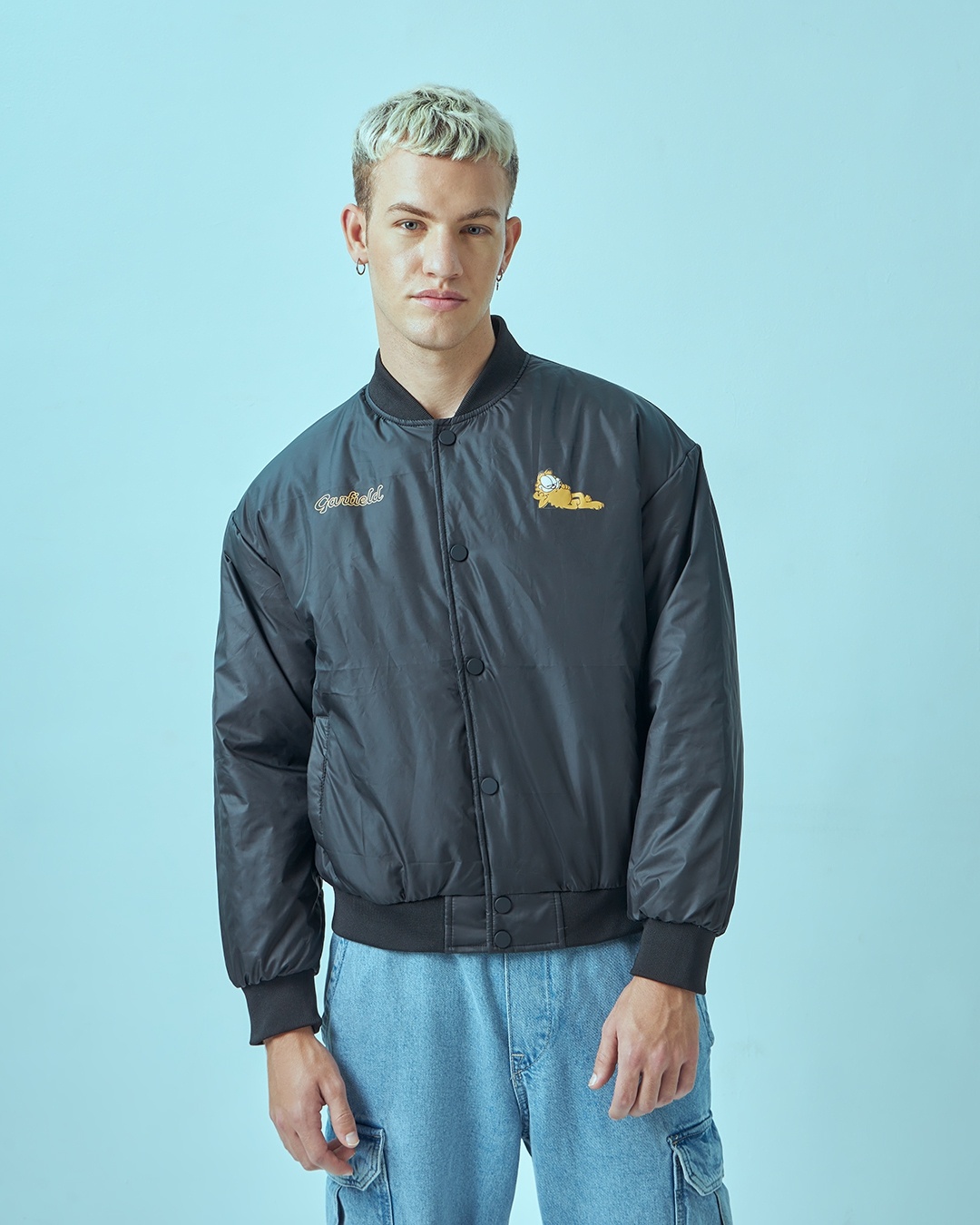 Buy Men's Black Garfield All Around Typography Oversized Puffer Jacket ...