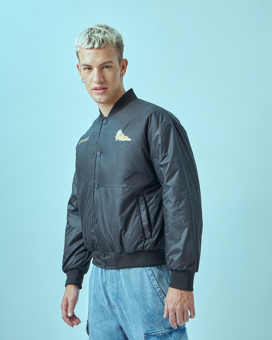 Buy Men's Black Garfield All Around Typography Oversized Puffer Jacket ...