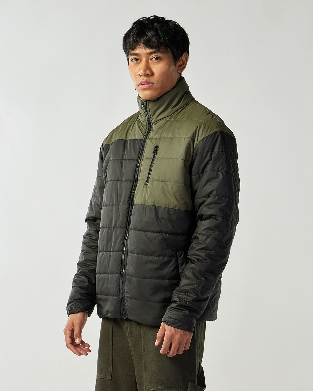 Buy Men's Black & Green Color Block Oversized Puffer Jacket Online at ...