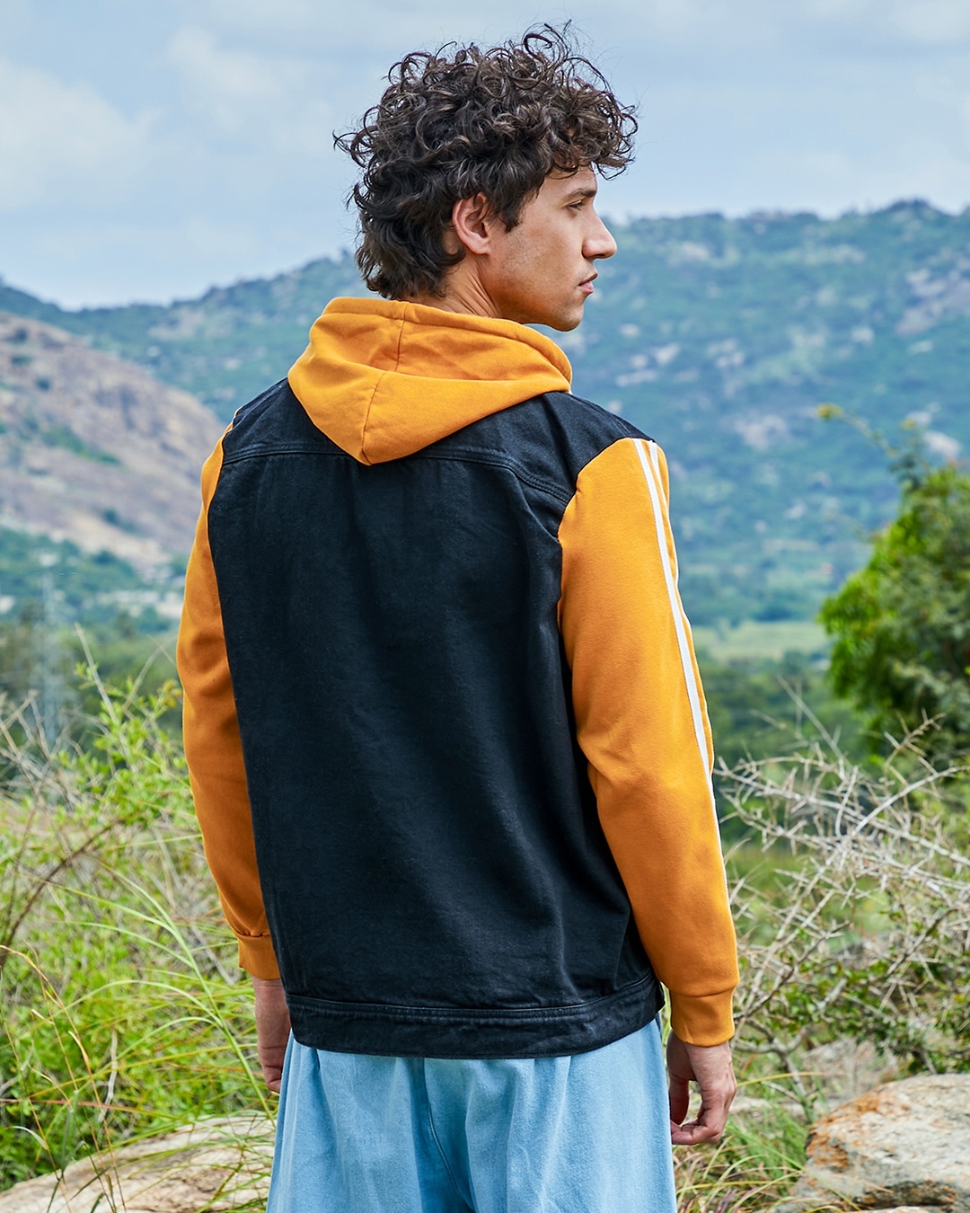 Buy Men's Black & Mustard Yellow Color Block Hooded Denim Jacket Online ...