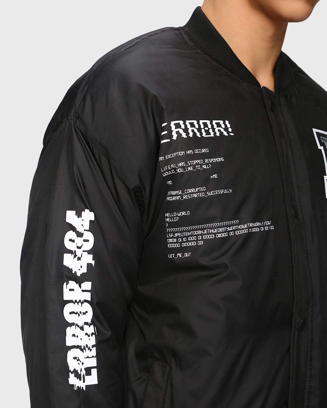 Buy Men's Black Error Typography Oversized Bomber Jacket Online at Bewakoof
