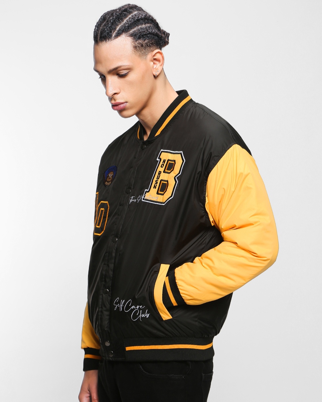 Buy Men's Black Printed Contrast Sleeve Oversized Bomber Jacket Online ...