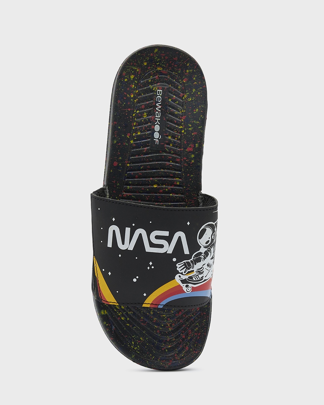 Buy Men's Black Space Skating Printed Sliders Online in India at Bewakoof