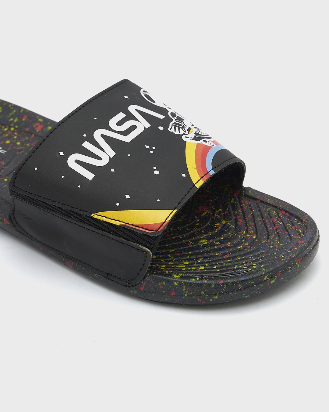 Buy Men's Black Space Skating Printed Sliders Online in India at Bewakoof