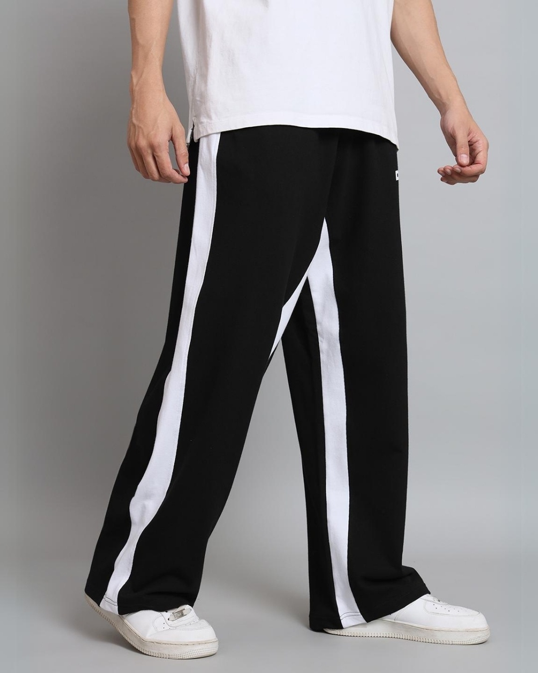 Buy Men's Black & White Side Panel Relaxed Fit Track Pants Online at ...