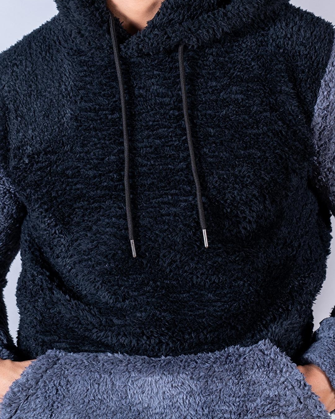 Buy Men's Blue & Grey Color Block Relaxed Fit Sherpa Hoodie for Men ...