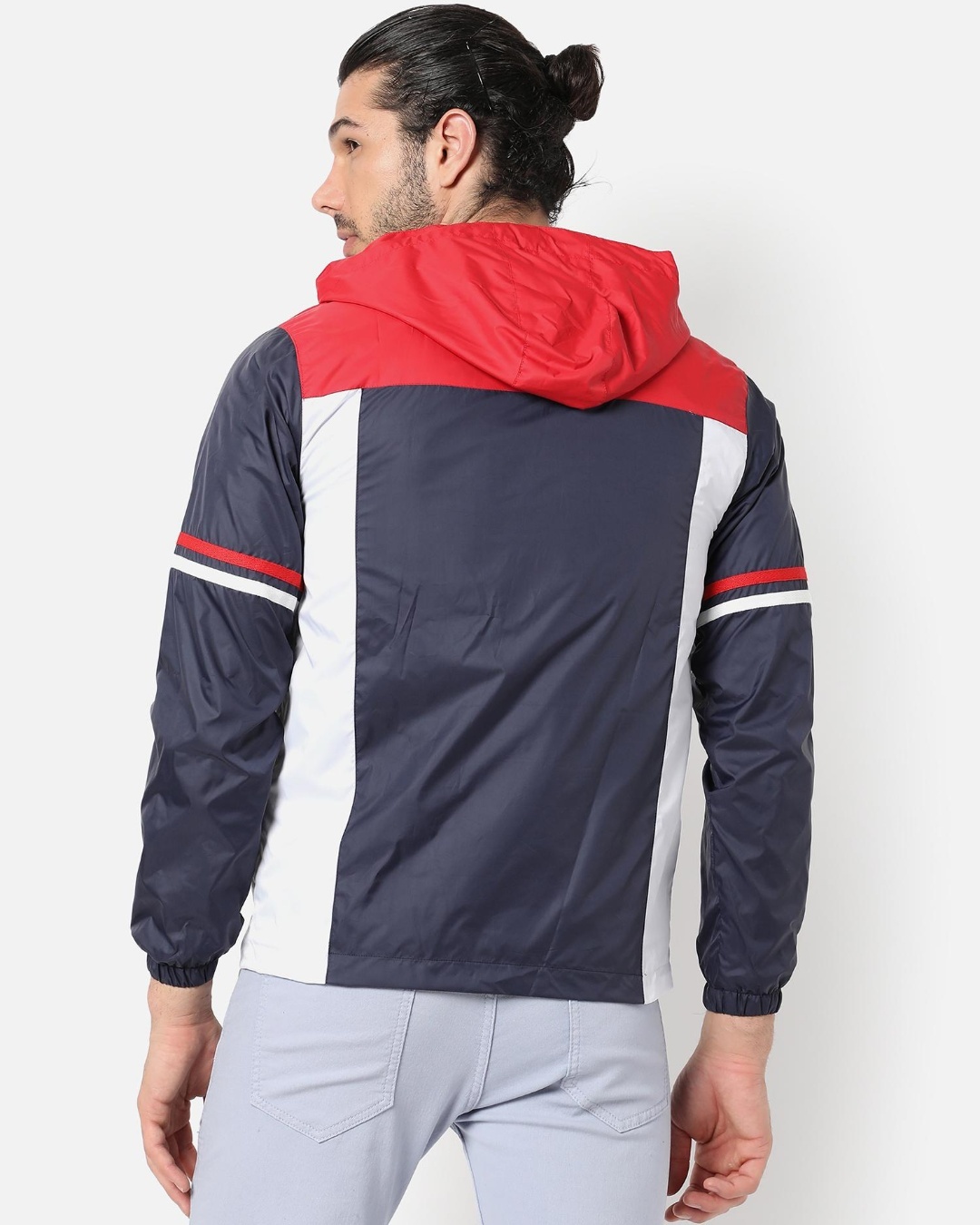 Buy Men's Blue and Red Color Block Hooded Jacket for Men Blue Online at ...