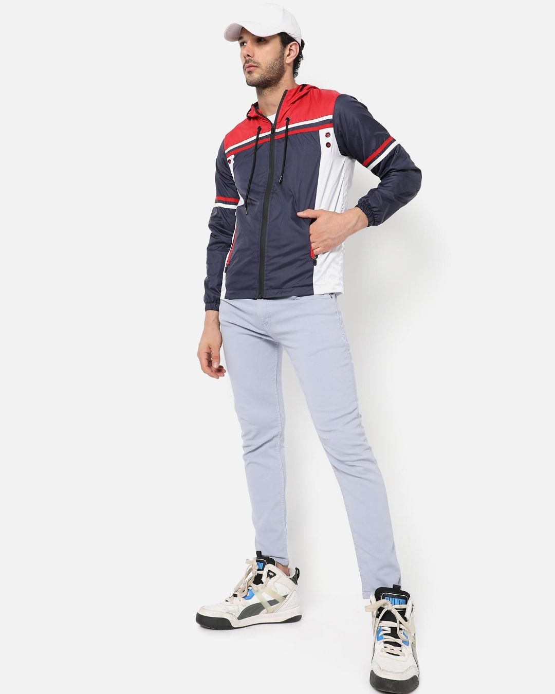 Buy Men's Blue and Red Color Block Hooded Jacket for Men Blue Online at ...