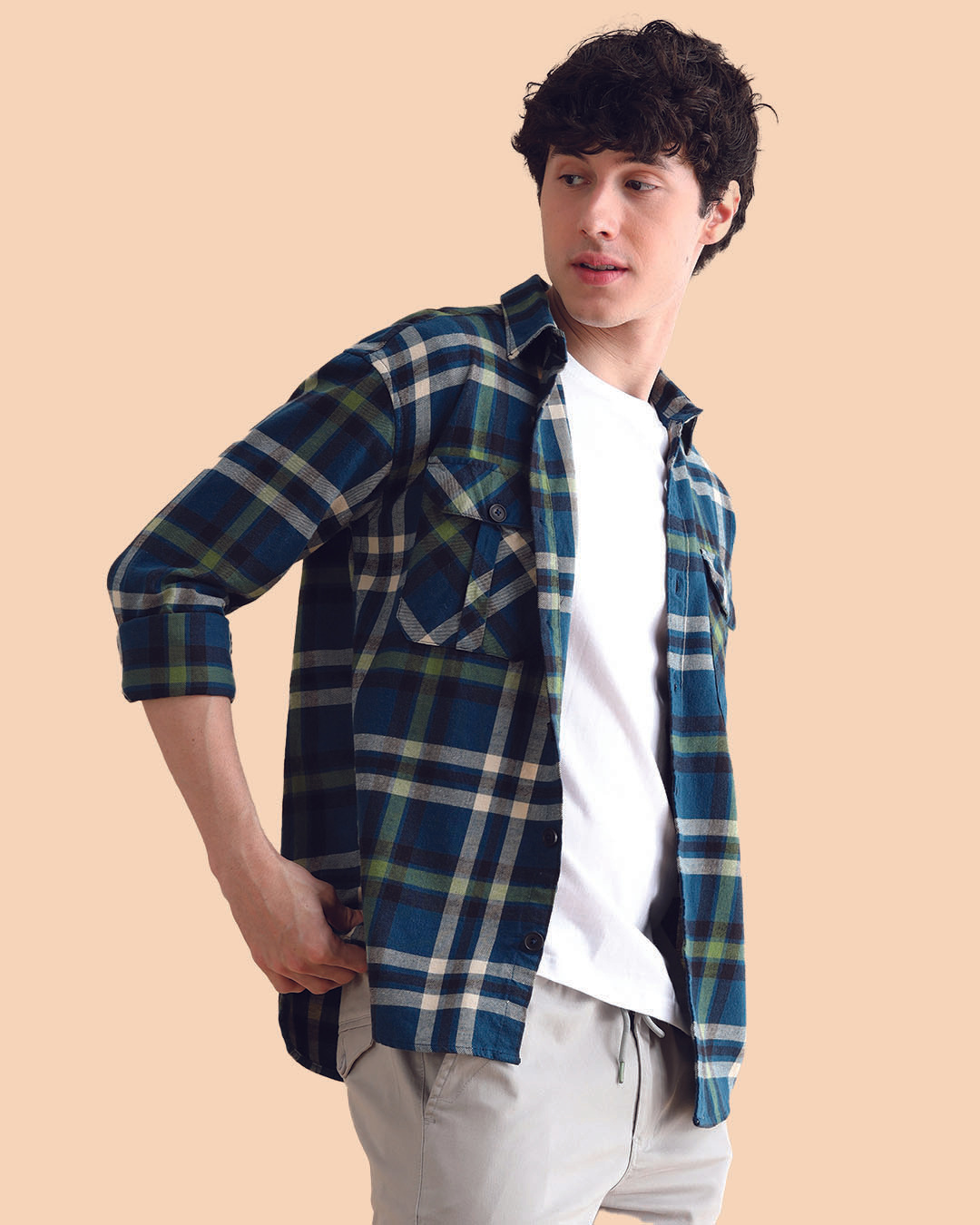 Buy Men's Blue & Green Checked Oversized Shacket Online at Bewakoof