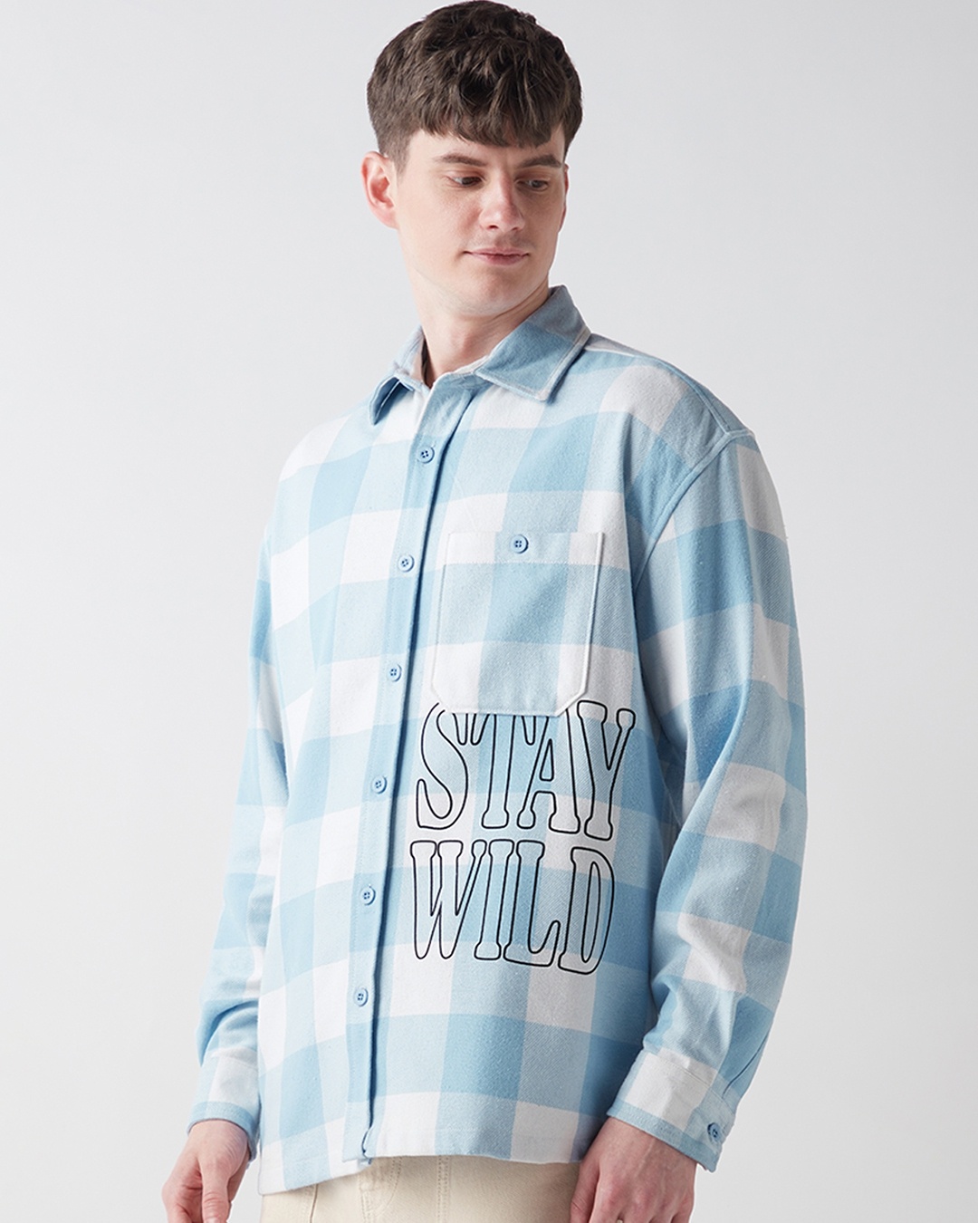 Buy Men's Blue Stay Wild Checked Oversized Shirt Online at Bewakoof