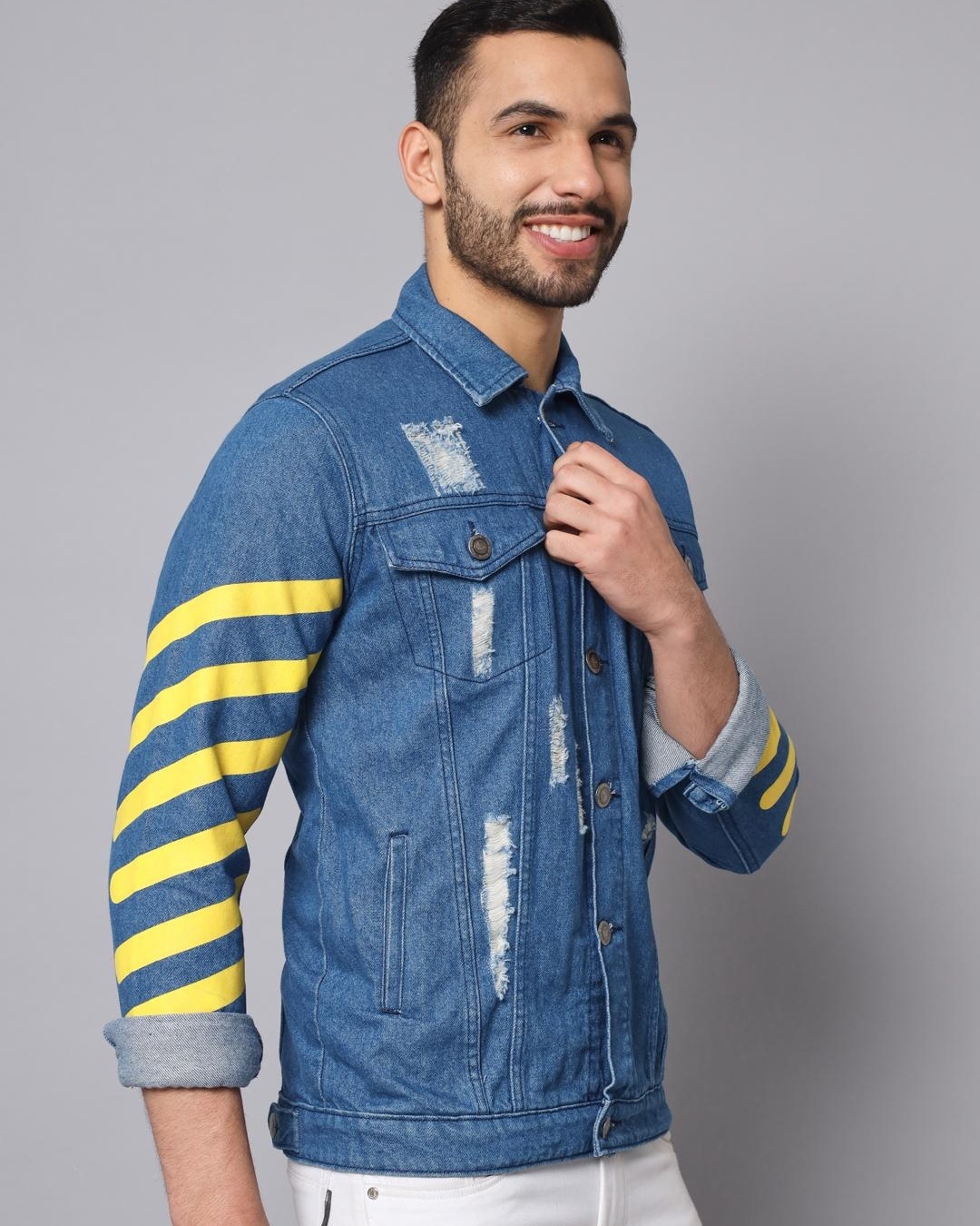 Buy Men's Blue Striped Denim Jacket Online at Bewakoof