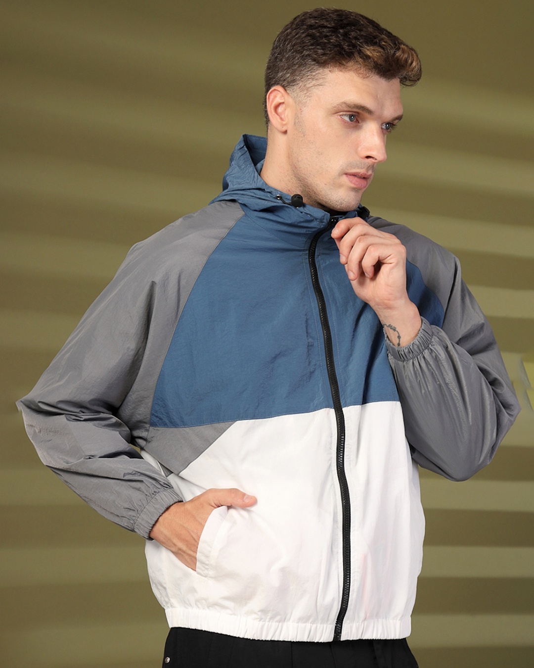 Buy Men's Blue & White Color Block Wind Cheater Jacket Online at Bewakoof