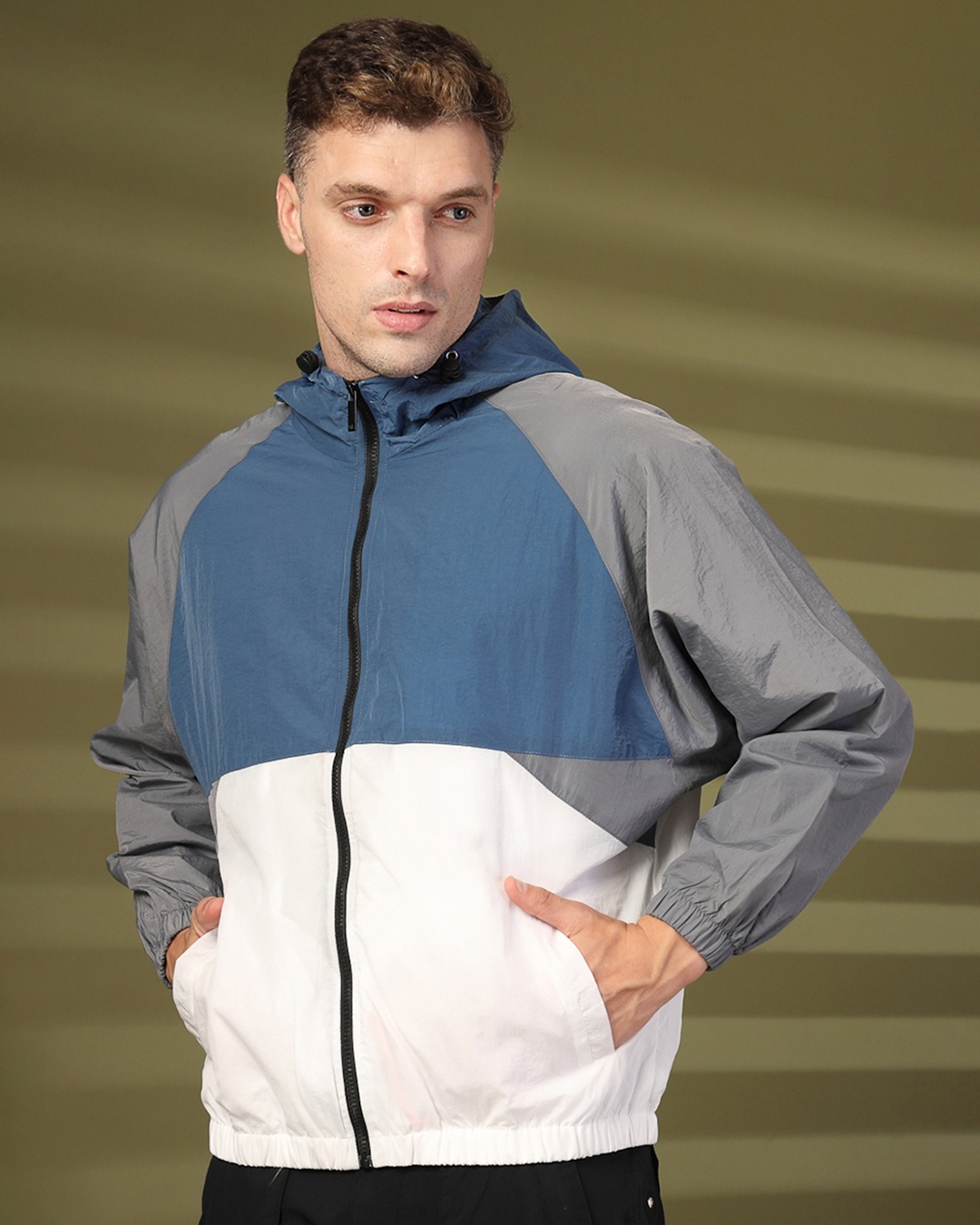 Buy Men's Blue & White Color Block Wind Cheater Jacket Online at Bewakoof