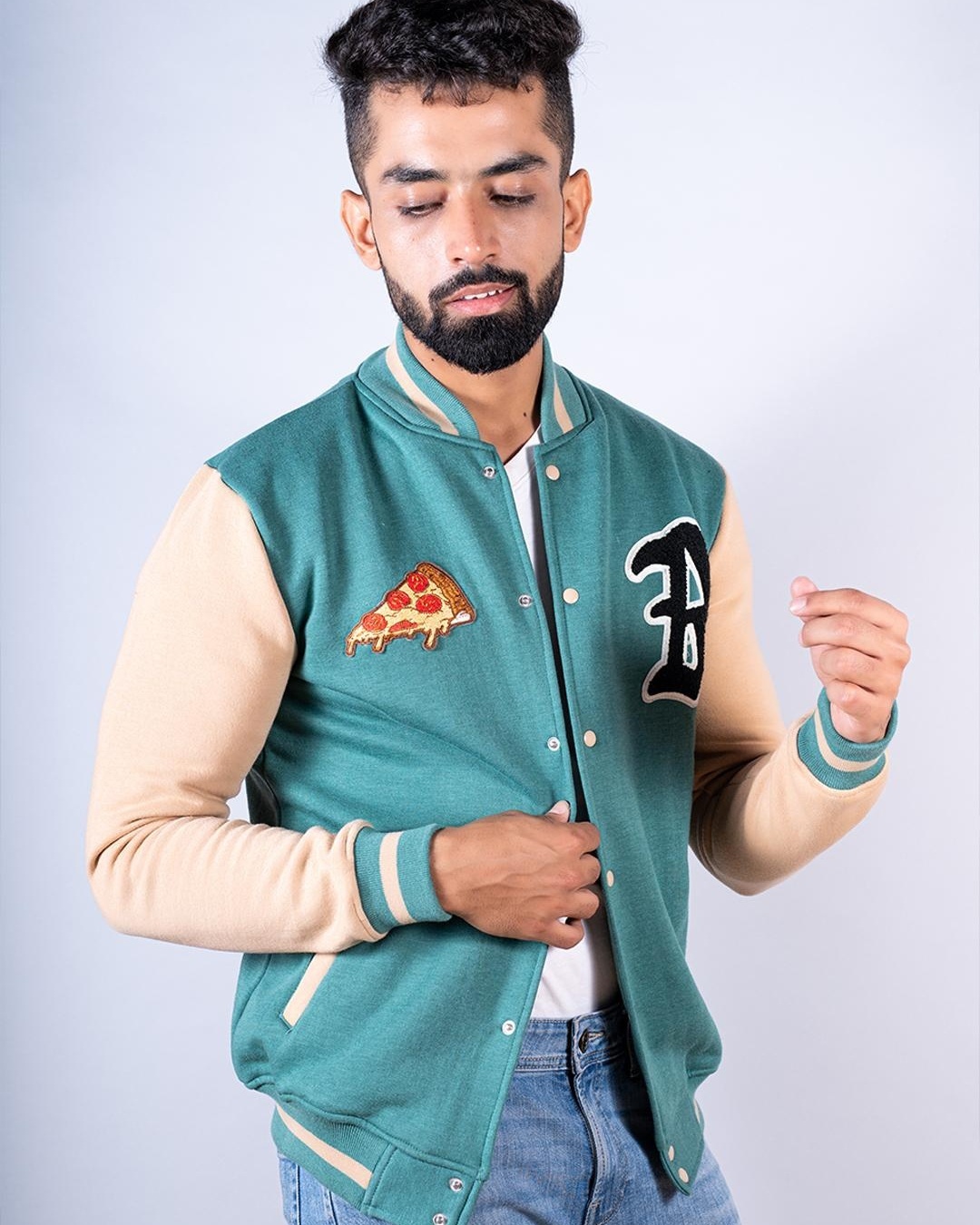 Buy Men's Green & Beige LA Color Block Relaxed Fit Varsity Jacket ...