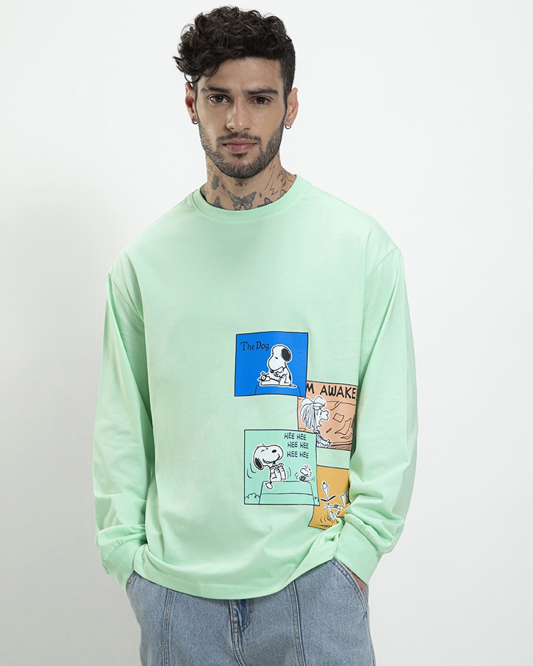 Buy Men's Green Snoopy Stripboard Graphic Printed Oversized T-shirt ...