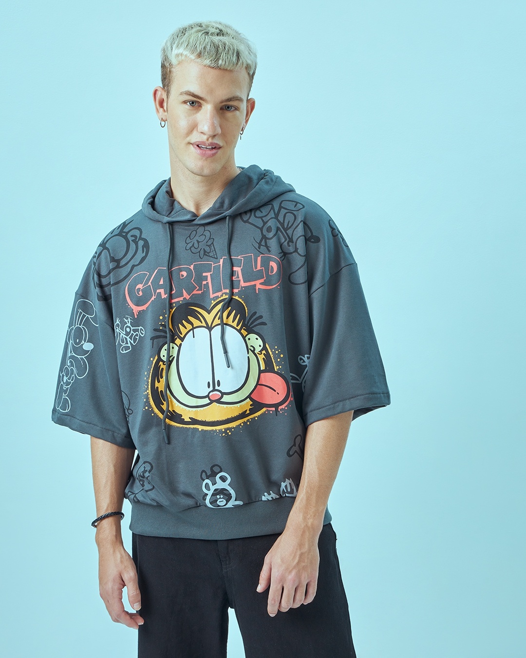 Buy Men's Grey Graffiti Garfield Graphic Printed Super Loose Hoodies ...