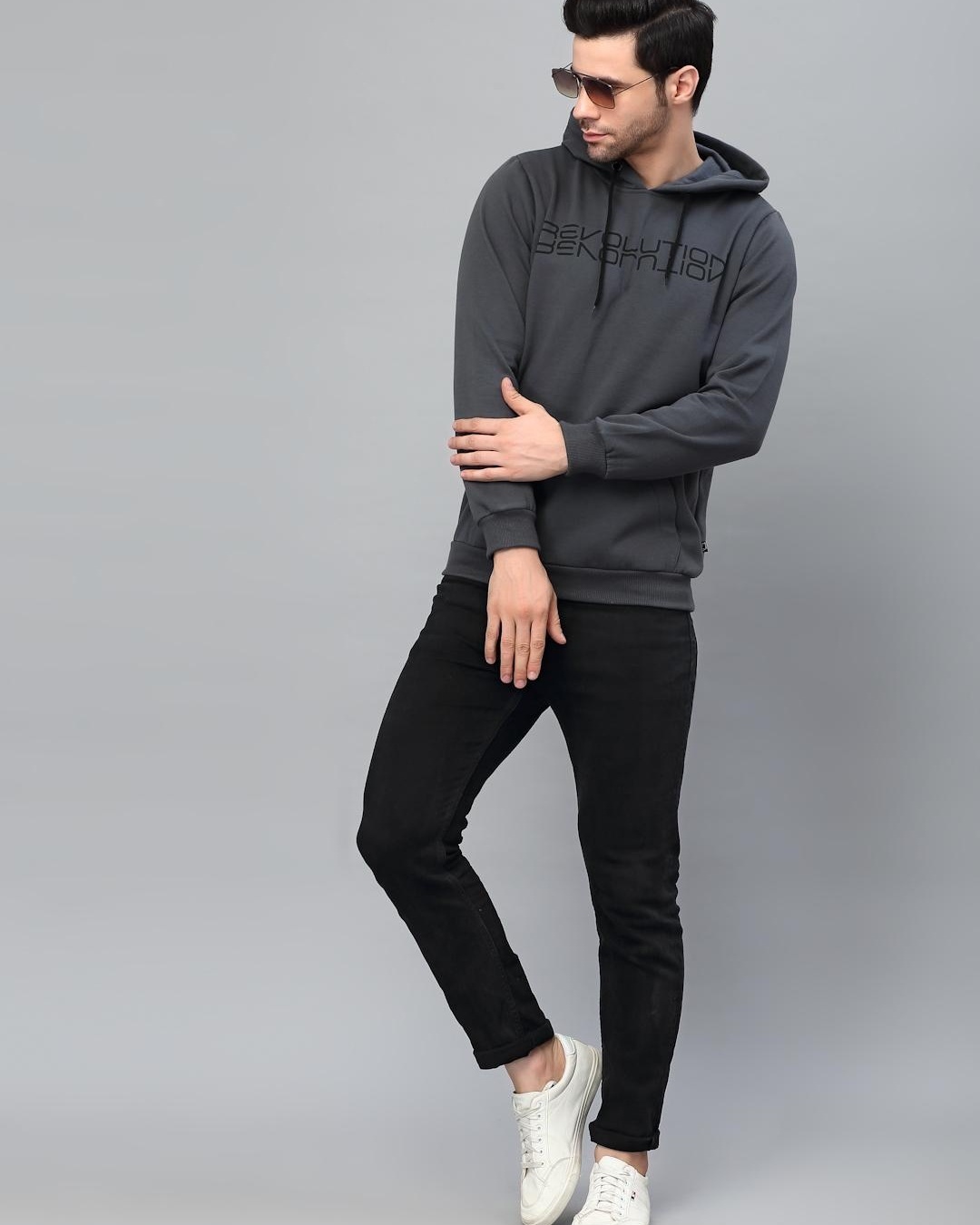 Buy Men's Grey Revolution Typography Slim Fit Hooded Sweatshirt Online ...