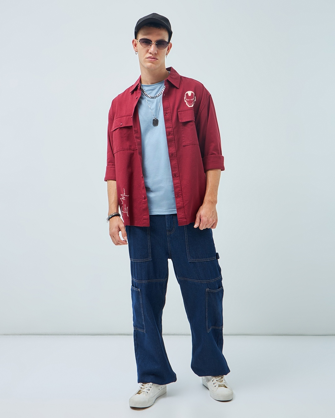 Buy Men's Maroon Iron Man Graphic Printed Oversized Shirt Online at ...