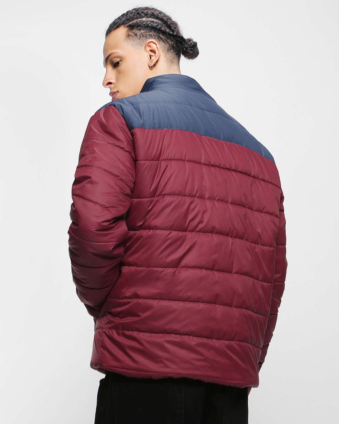 Buy Men's Maroon & Blue Color Block Oversized Puffer Jacket for Men ...
