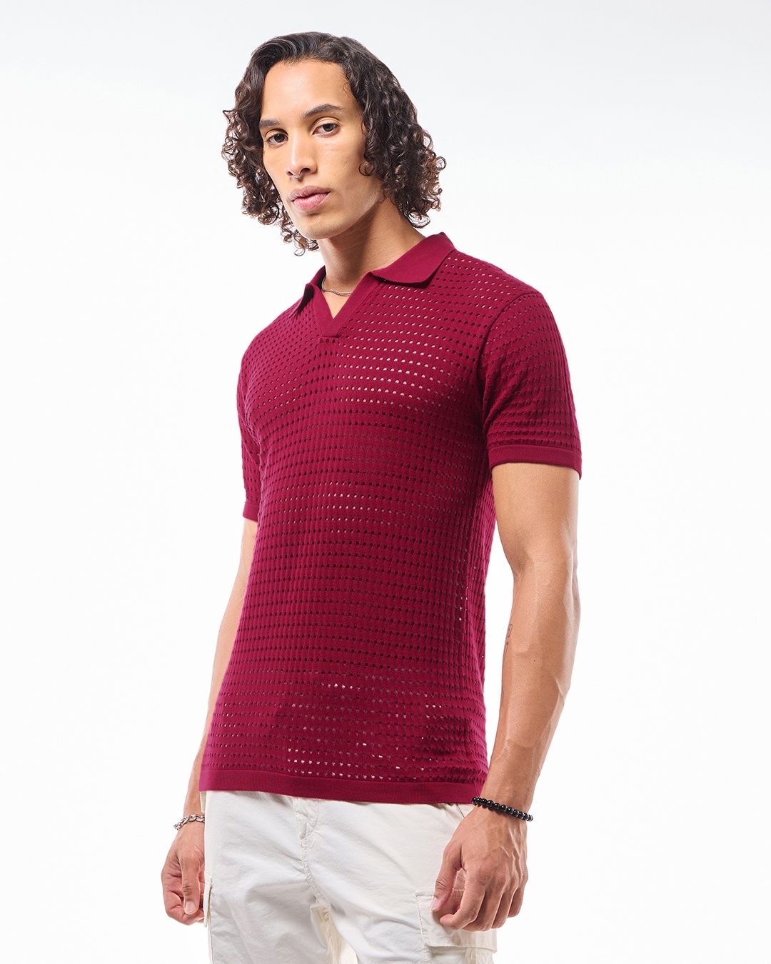 Buy Men's Maroon Textured Flatknit Polo T-shirt Online at Bewakoof