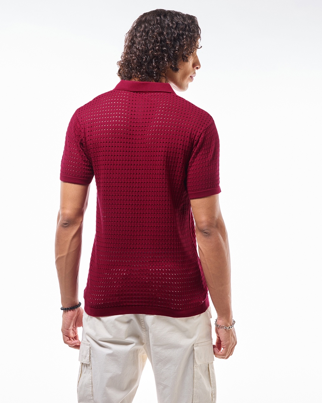 Buy Men's Maroon Textured Flatknit Polo T-shirt Online at Bewakoof