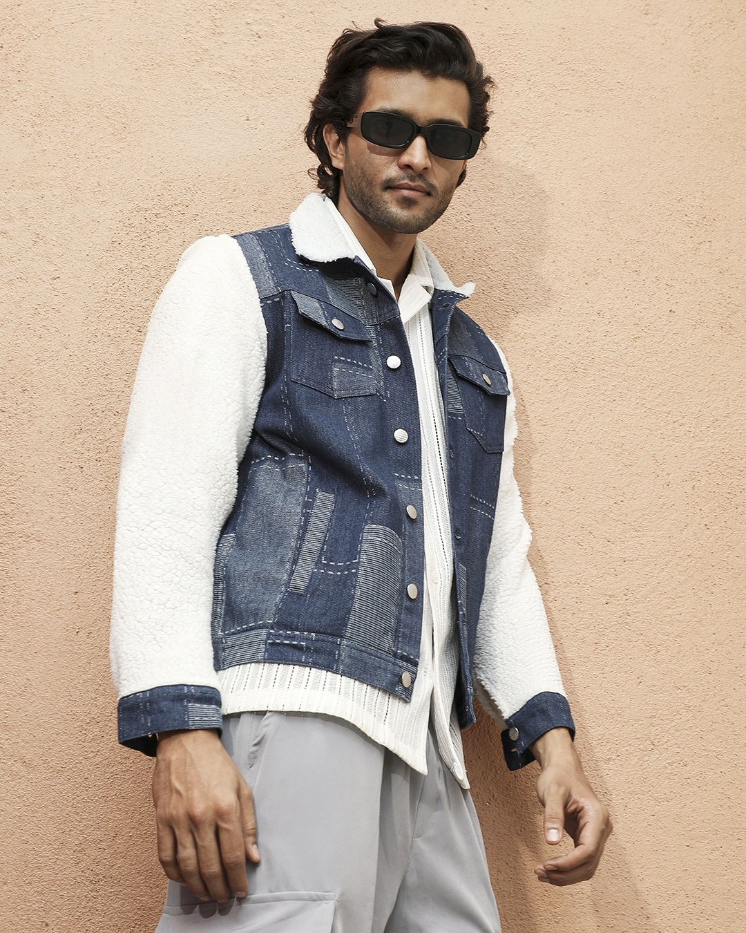 Buy Men's Navy Blue & Chalk White Color Block Denim Jacket Online at ...