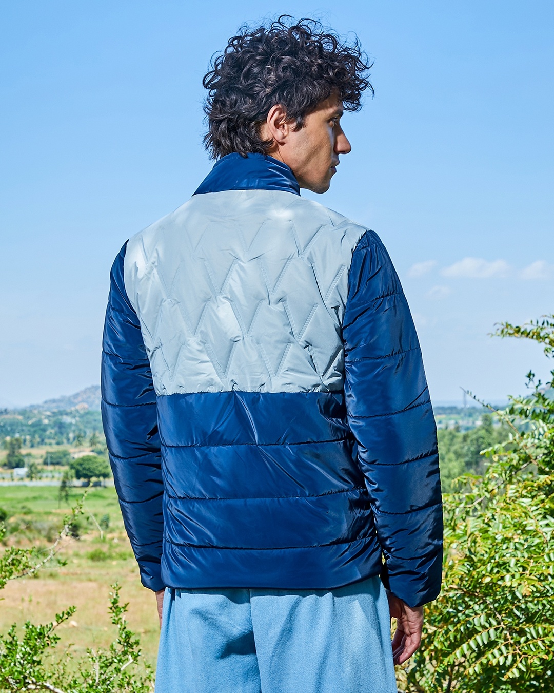 Buy Men's Navy Blue & Light Grey Color Block Zipper Puffer Jacket ...