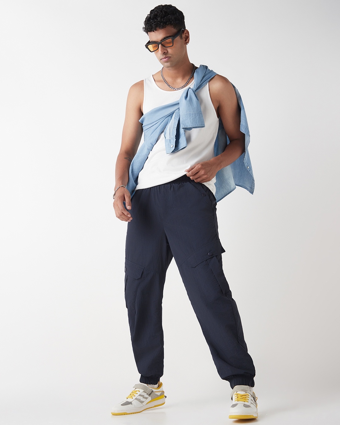 Buy Men's Navy Blue Super Loose Fit Nylon Cargo Jogger Pants Online at ...