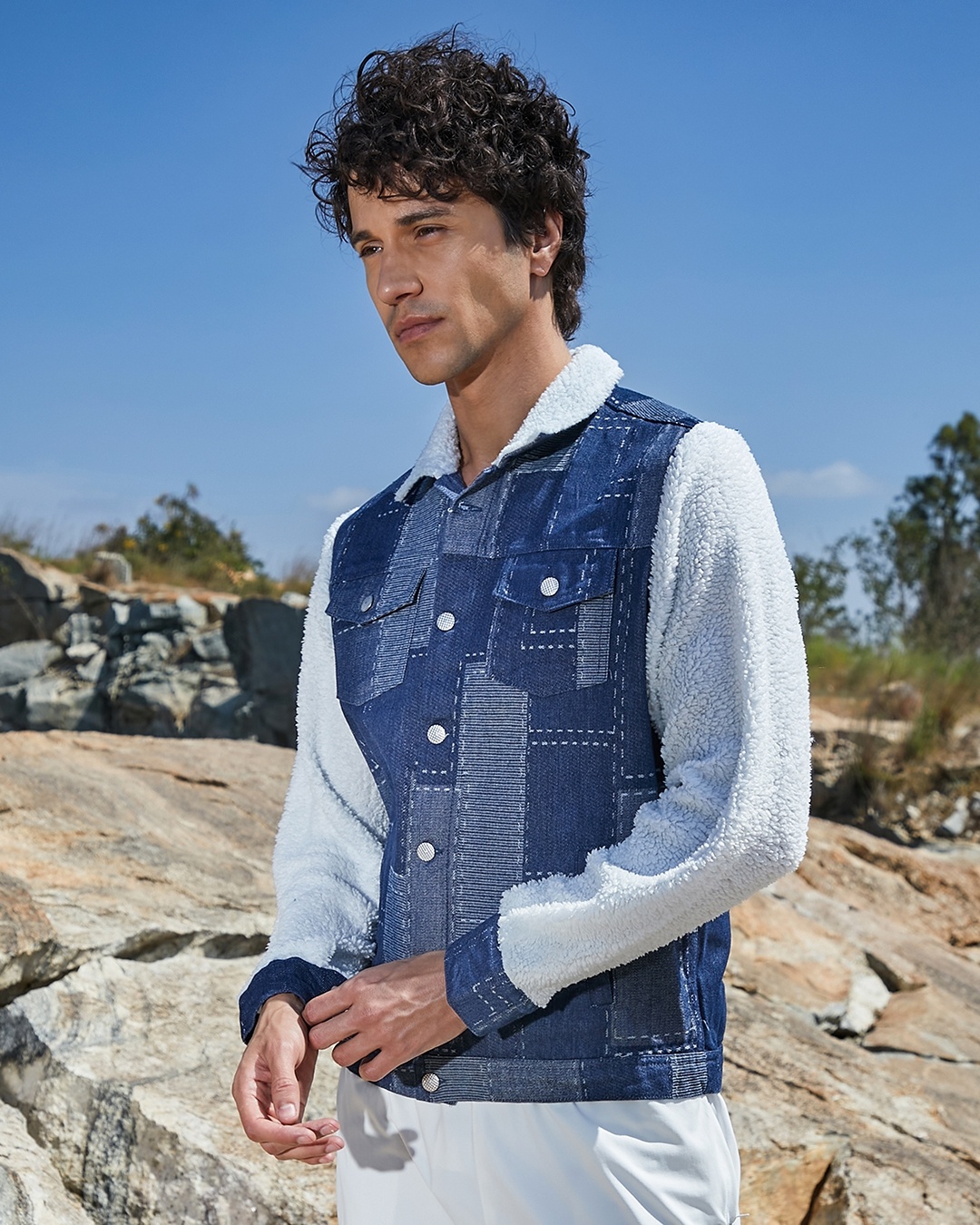 Buy Men's Navy Blue & White Color Block Denim Jacket Online at Bewakoof