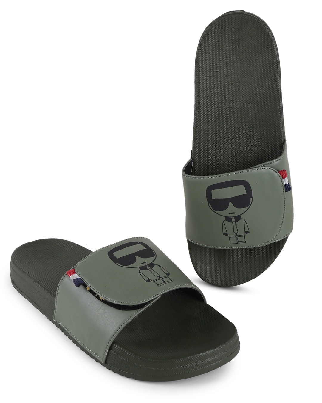 Buy Men's Olive Green Cartoon Printed Velcro Sliders Online in India at ...