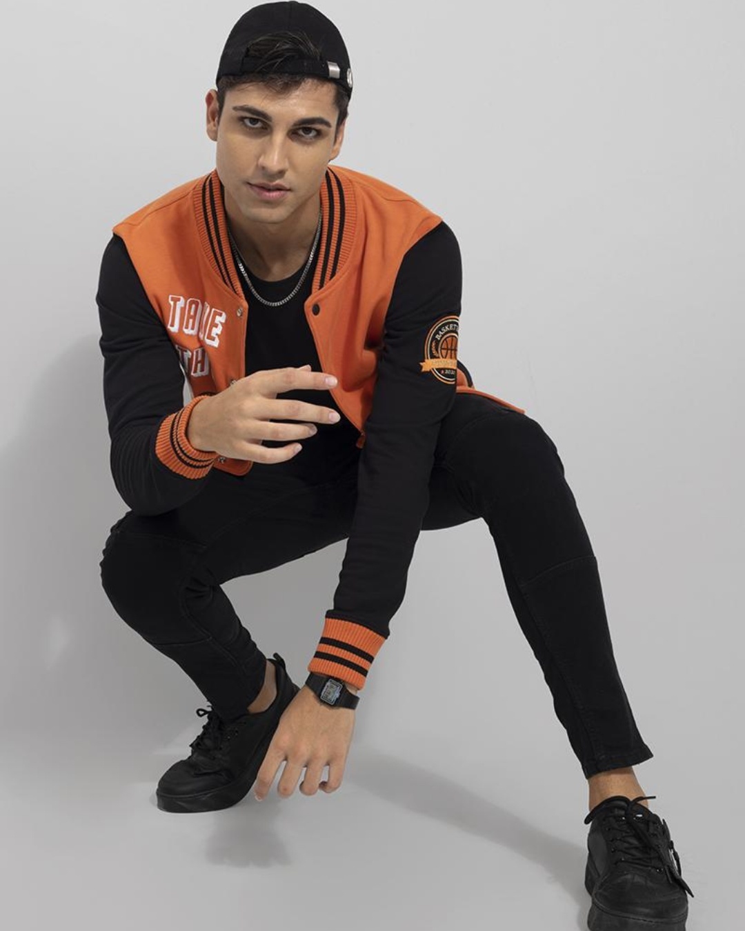 Buy Men's Orange & Black Take The Shot Color Block Varsity Jacket ...